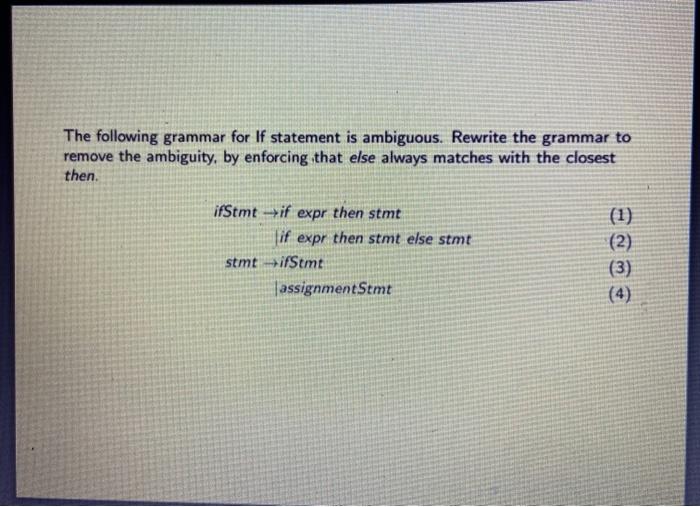 Solved The following grammar for If statement is ambiguous. | Chegg.com