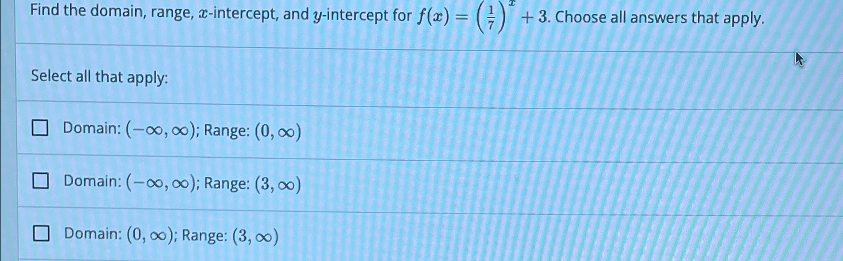 Solved Find the domain, range, x-intercept, and y-intercept | Chegg.com