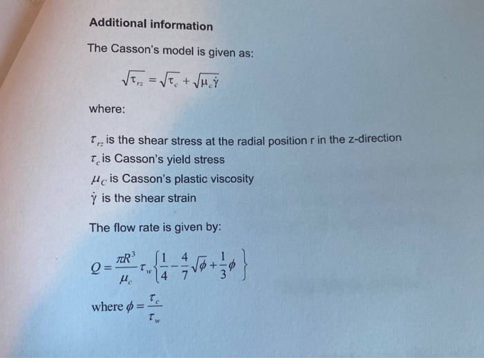 Solved Additional information The Casson's model is given | Chegg.com