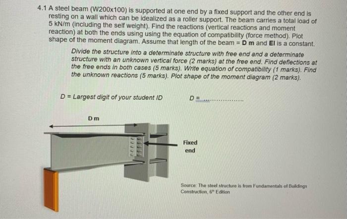 Solved 4.1 A steel beam (W200x100) is supported at one end | Chegg.com
