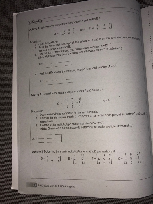 Solved LABORATORY ACTIVITY NO. 3 Matrix Operations Section: | Chegg.com