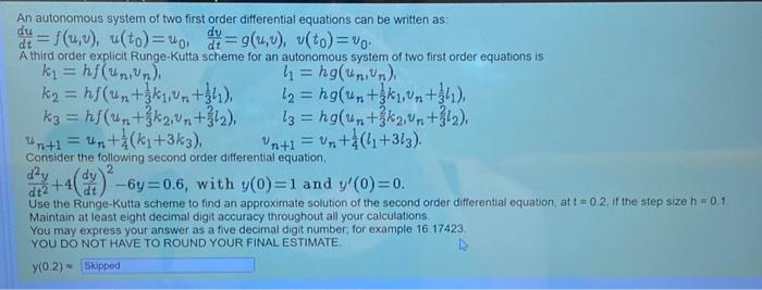 Solved An autonomous system of two first order differential | Chegg.com