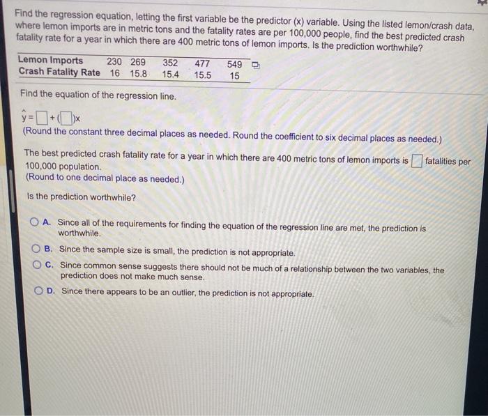 Solved Find the regression equation, letting the first | Chegg.com
