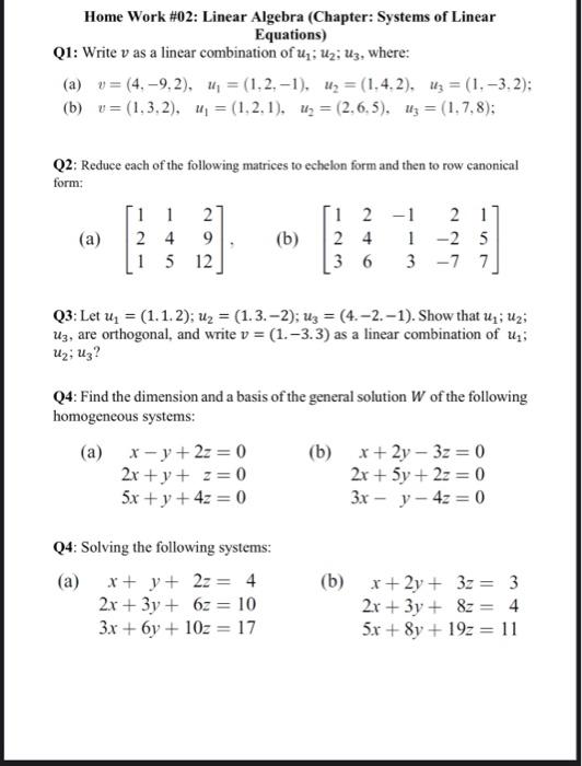 Solved Home Work \#03: Linear Algebra (Chapter 3 and 4: | Chegg.com