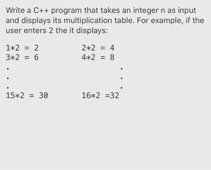 Write A C Program That Takes An Integer N As Input And Displays Its Multiplication Table For 