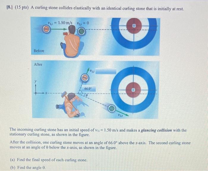 Solved [8.] ( 15 pts) A curling stone collides elastically | Chegg.com