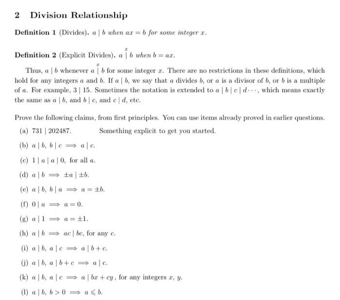 Solved Division Relationship Definition 1 (Divides). ab when | Chegg.com