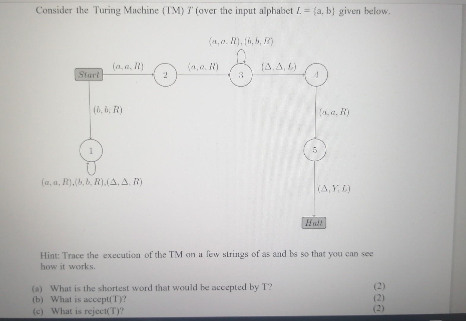 Solved Consider the Turing Machine (TM) T (over the input | Chegg.com