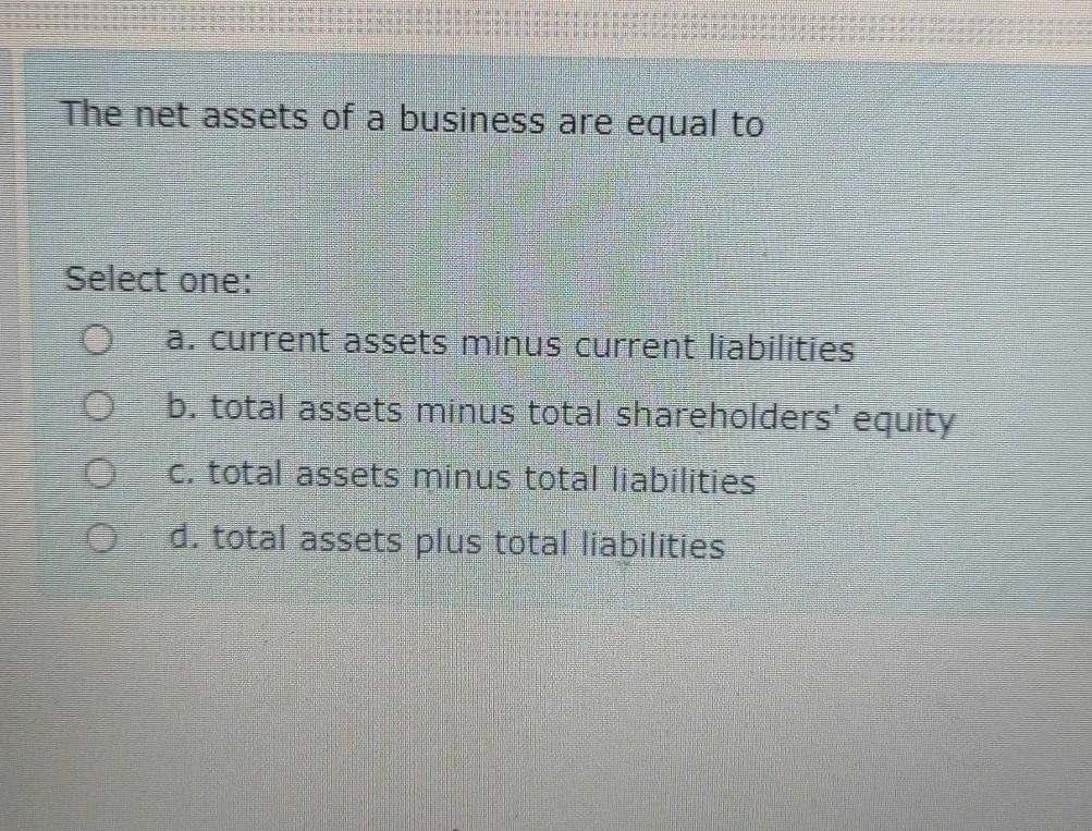 Solved The net assets of a business are equal to Select one: | Chegg.com