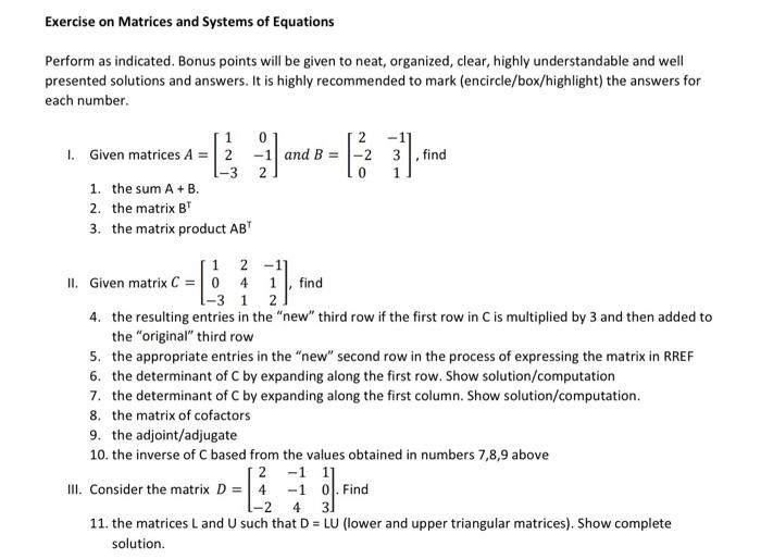 Solved Exercise on Matrices and Systems of Equations Perform | Chegg.com