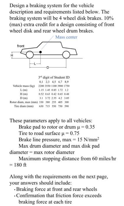 Design a braking system for the vehicle description | Chegg.com