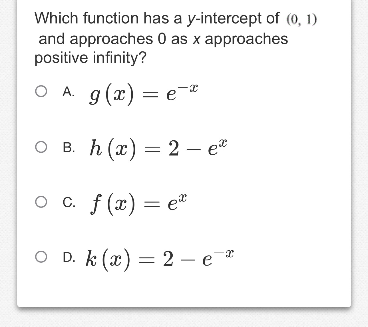Solved Which function has a y-intercept of (0,1) ﻿and | Chegg.com