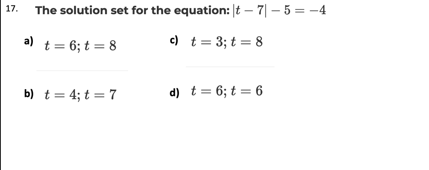 Solved 17. ﻿The solution set for the equation: | Chegg.com