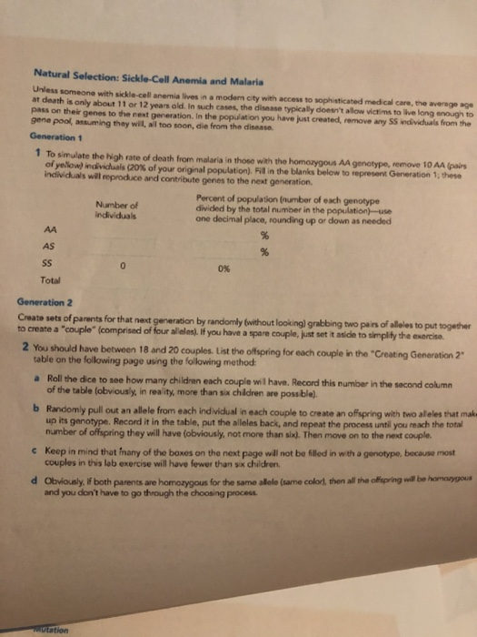 Solved Natural Selection: Sickle Cell Anemia and Malaria | Chegg.com