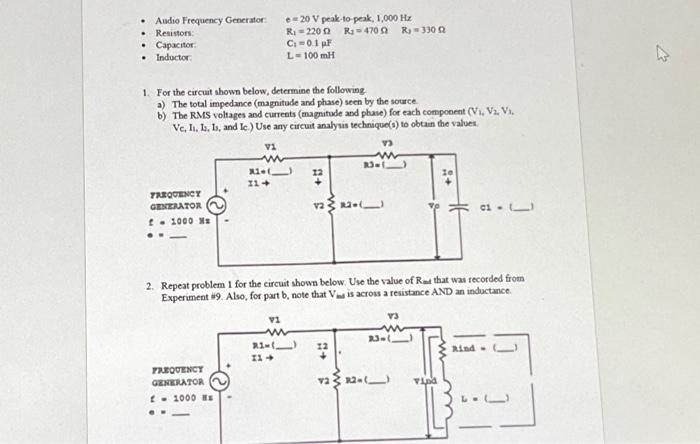 Solved - Audio Frequency Generator - Resiston: e=20 V | Chegg.com