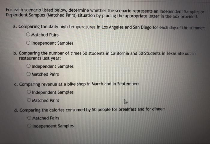 Solved For each scenario listed below, determine whether the | Chegg.com