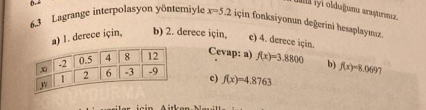 3 ﻿Lagrange interpolasyon yöntemiyle x=5.2 ﻿için | Chegg.com