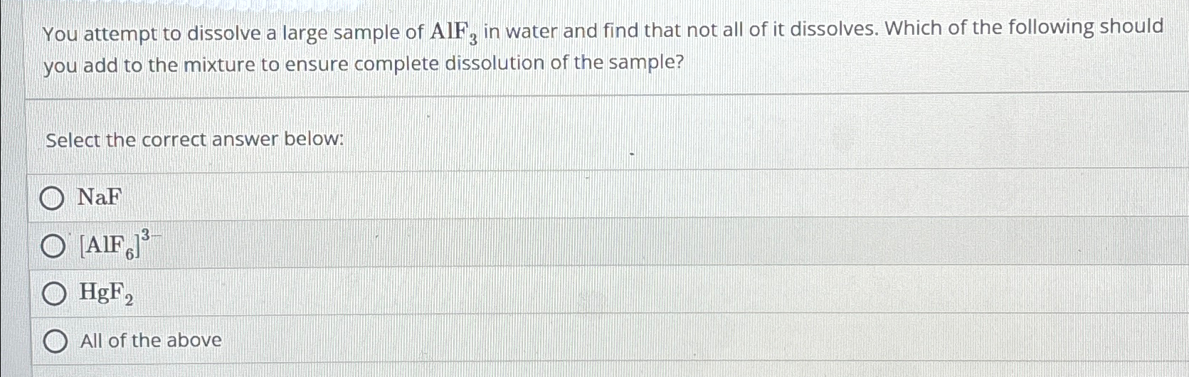 Solved You attempt to dissolve a large sample of AlF3 ﻿in | Chegg.com