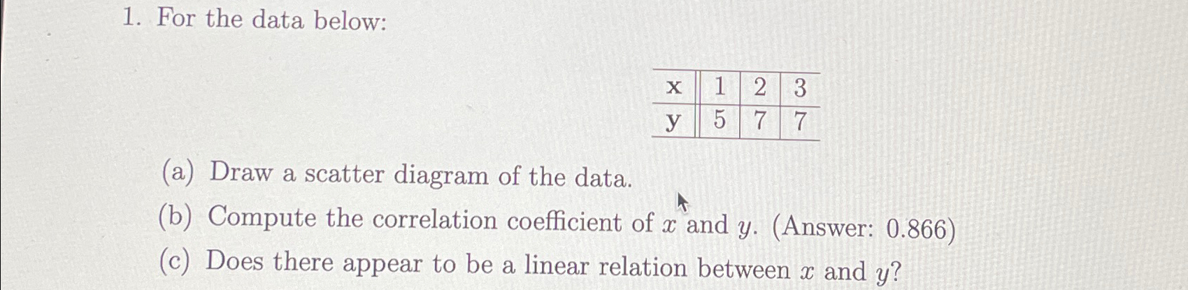 Solved For the data below:\table[[x,1,2,3],[y,5,7,7]](a) | Chegg.com