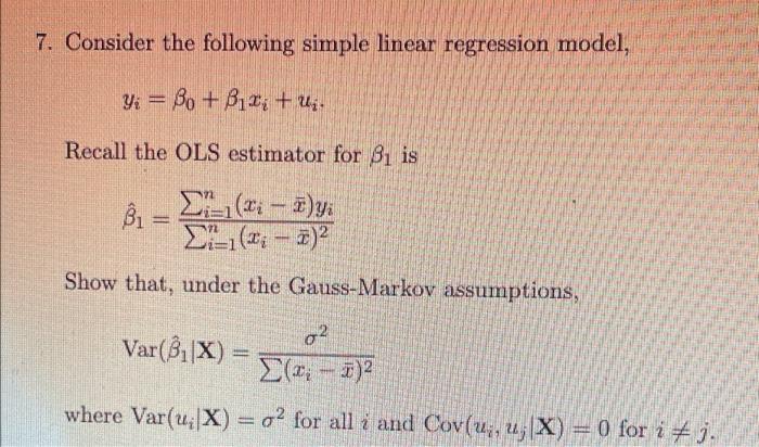 Solved 7. Consider the following simple linear regression | Chegg.com