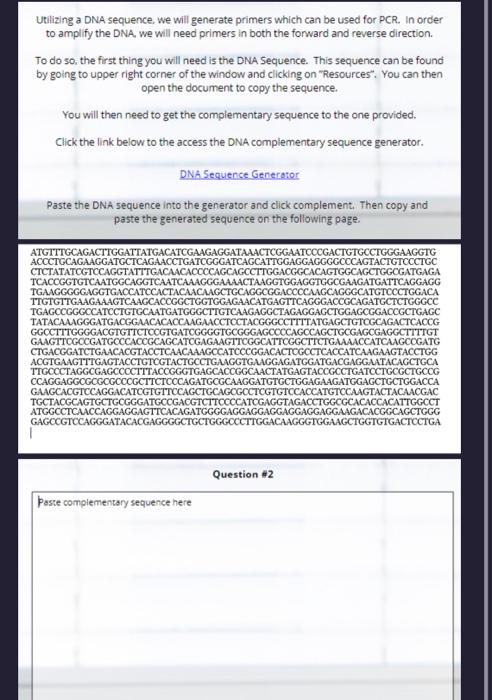 Solved Utilizing a DNA sequence. we will generate primers | Chegg.com
