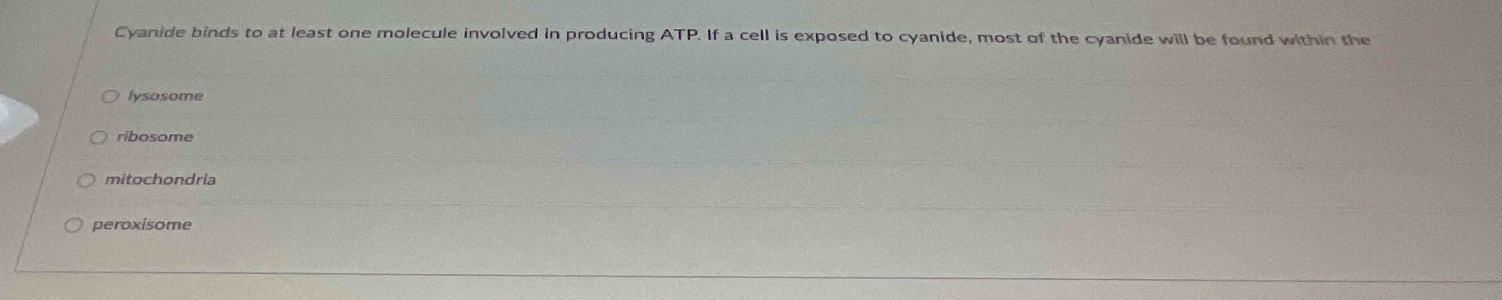 Solved Cyanide binds to at least one molecule involved in | Chegg.com