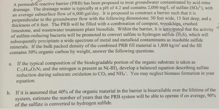 Solved A permeable reactive barrier (PRB) has been proposed | Chegg.com