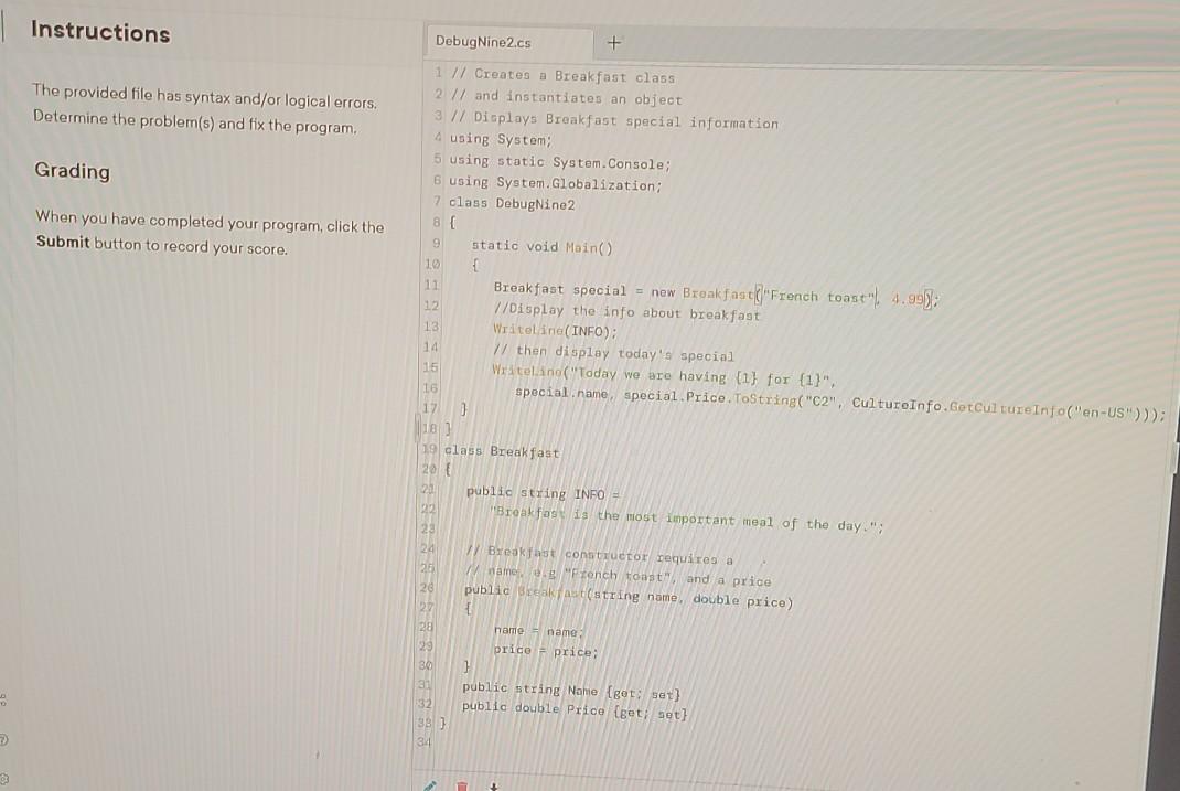 Solved Instructions DebugNine2.cs + The provided file has | Chegg.com