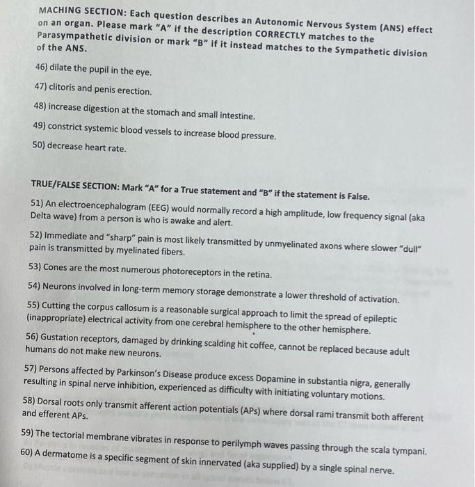 Solved MACHING SECTION: Each question describes an Autonomic | Chegg.com