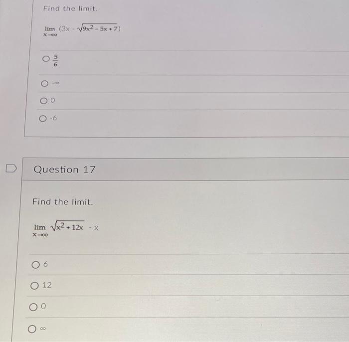 Solved Find the limit. limx→∞(3x−9x2−5x+7) 65 Question 17 | Chegg.com