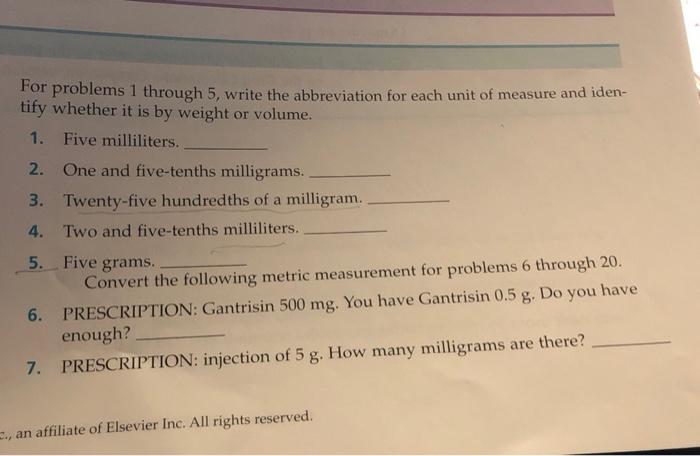 Solved For problems 1 through 5 , write the abbreviation for | Chegg.com