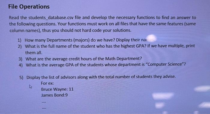 Solved File Operations Read the students_database.csv file | Chegg.com