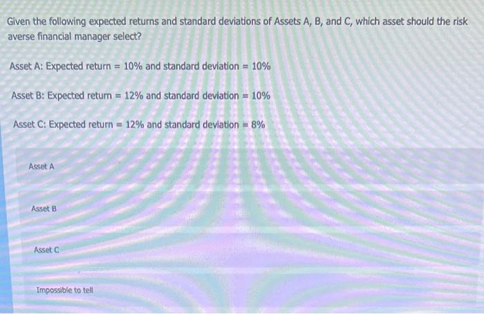 Solved Given the following expected returns and standard | Chegg.com