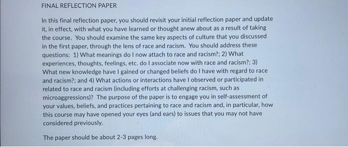 FINAL REFLECTION PAPER In this final reflection | Chegg.com