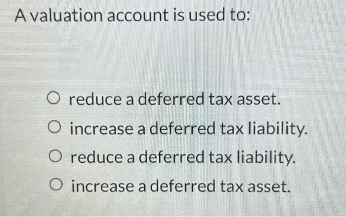 Solved A valuation account is used to: reduce a deferred tax | Chegg.com