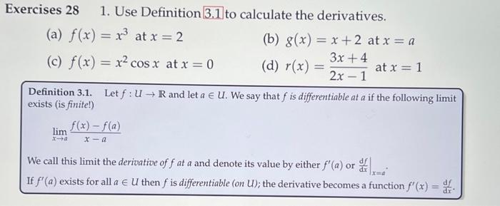 Solved xercises 28 1. Use Definition 3.1 to calculate the | Chegg.com Solved xercises 28 1. Use Definition 3.1 to calculate the | Chegg.com