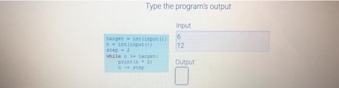 Solved Type the program's output Input 6 12 target | Chegg.com