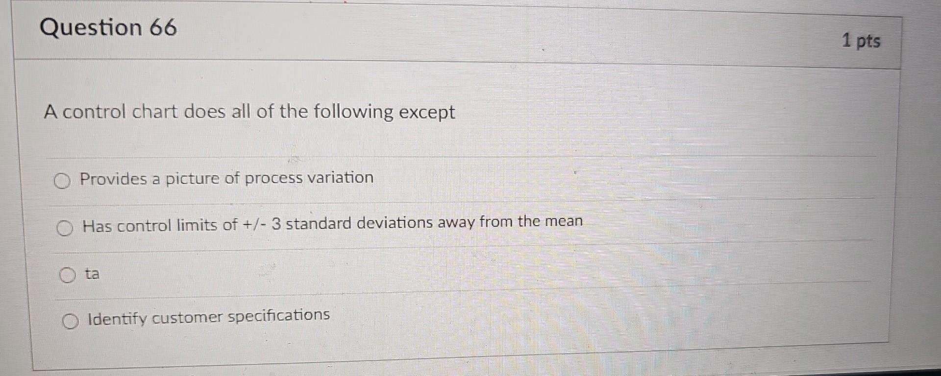 Solved A control chart does all of the following except | Chegg.com