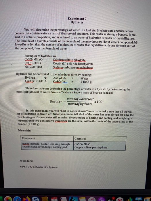 Experiment 7 Hydrates You will determine the | Chegg.com