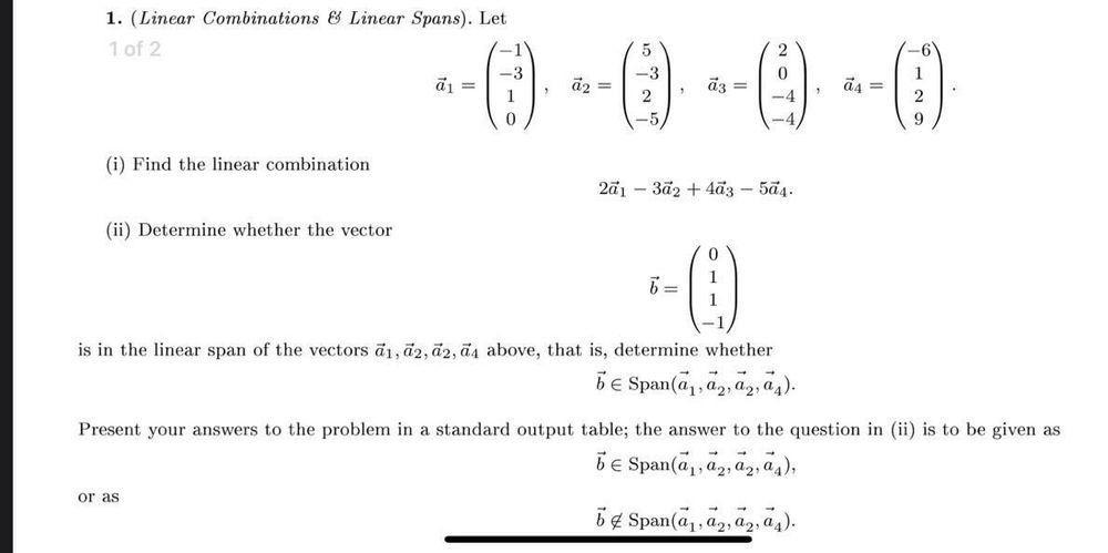 Solved 1. (Linear Combinations & Linear Spans). Let 1 of 2 2 | Chegg.com