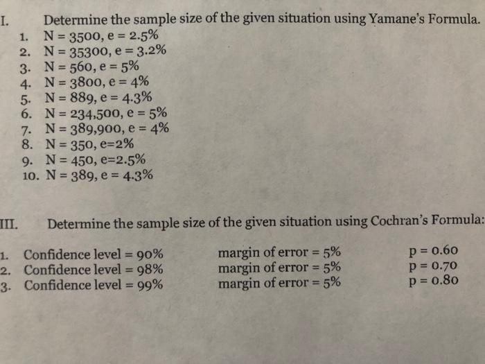 Solved I Determine The Sample Size Of The Given Situation