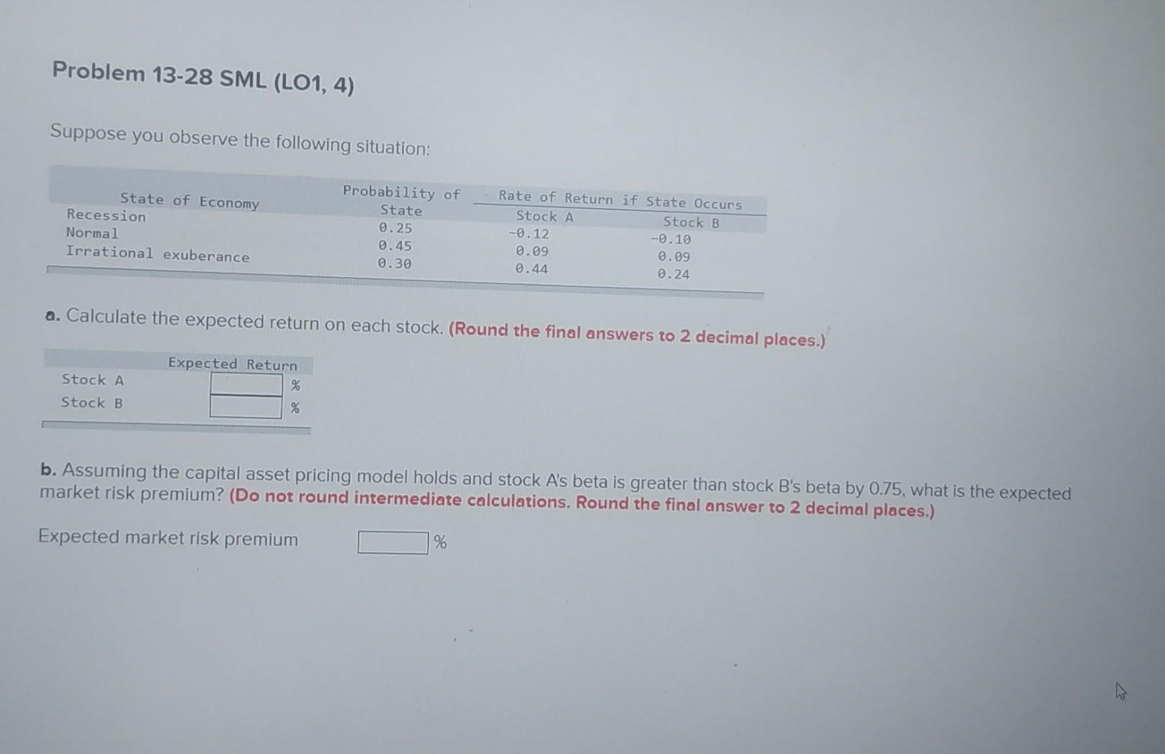 Solved Problem 13-28 SML (LO1, 4) Suppose you observe the | Chegg.com Solved Problem 13-28 SML (LO1, 4) Suppose you observe the | Chegg.com