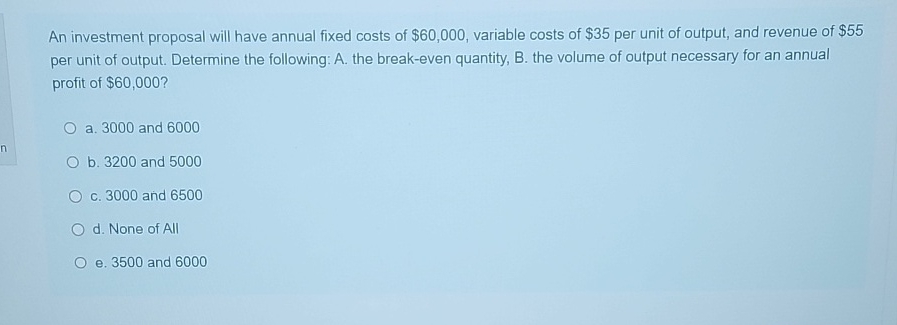 Solved An investment proposal will have annual fixed costs | Chegg.com