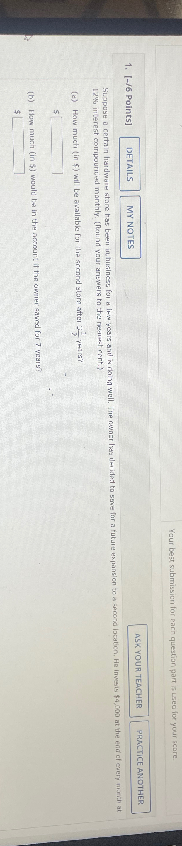 Solved Your best submission for each question part is used | Chegg.com