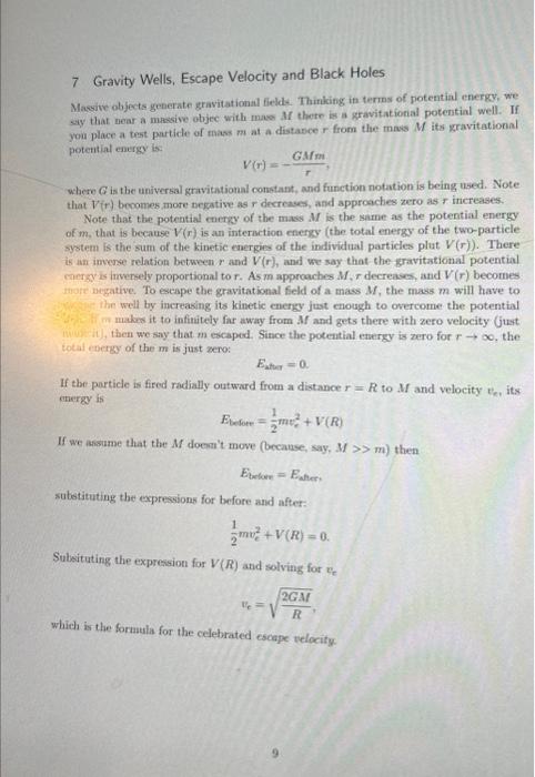 Solved 7 Gravity Wells, Escape Velocity and Black Holes | Chegg.com