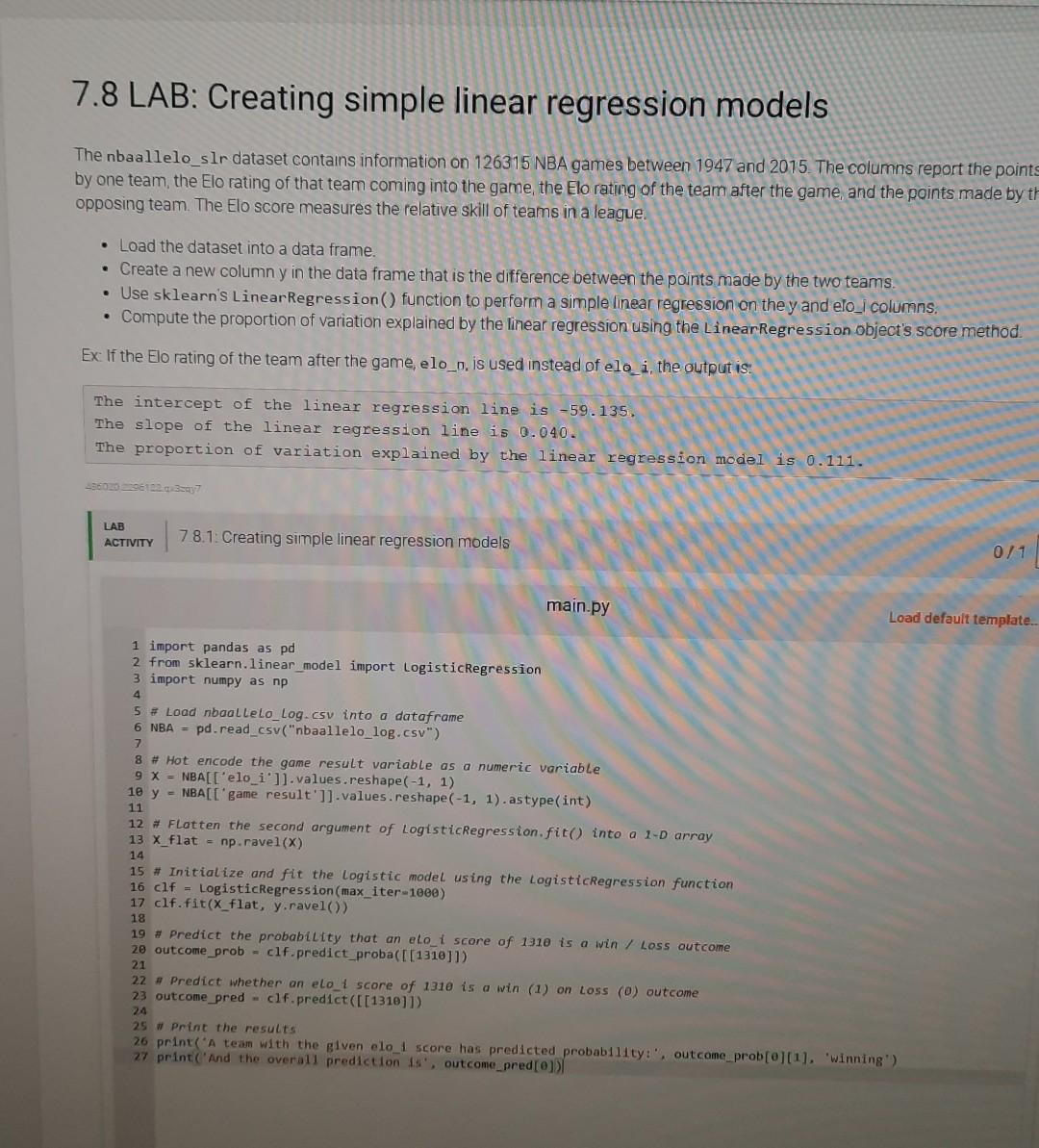 Solved 7.8 LAB: Creating simple linear regression models The | Chegg.com