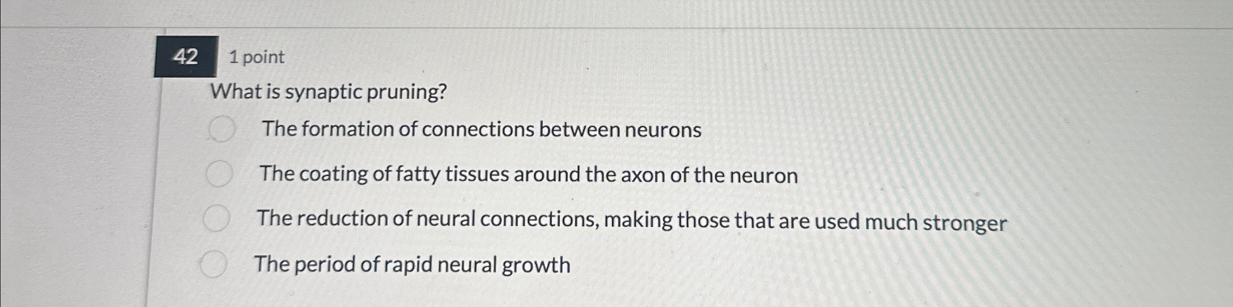 Solved 421 ﻿pointWhat is synaptic pruning?The formation of | Chegg.com