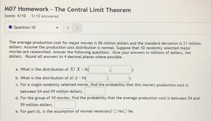 Solved MO7 Homework - The Central Limit Theorem Score: 1/10 | Chegg.com