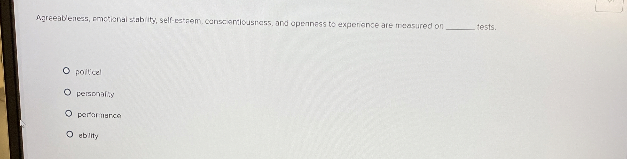 Solved Agreeableness, emotional stability, self-esteem, | Chegg.com