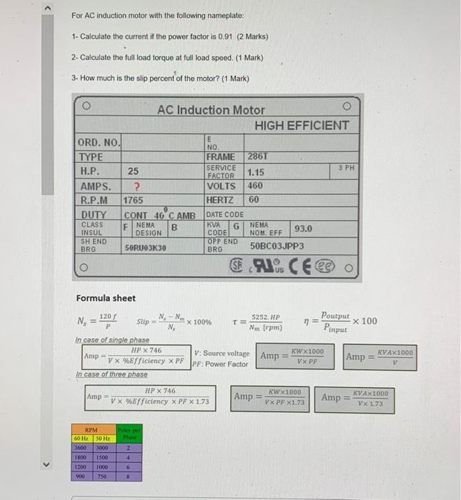 Solved For AC induction motor with the following nameplate: | Chegg.com